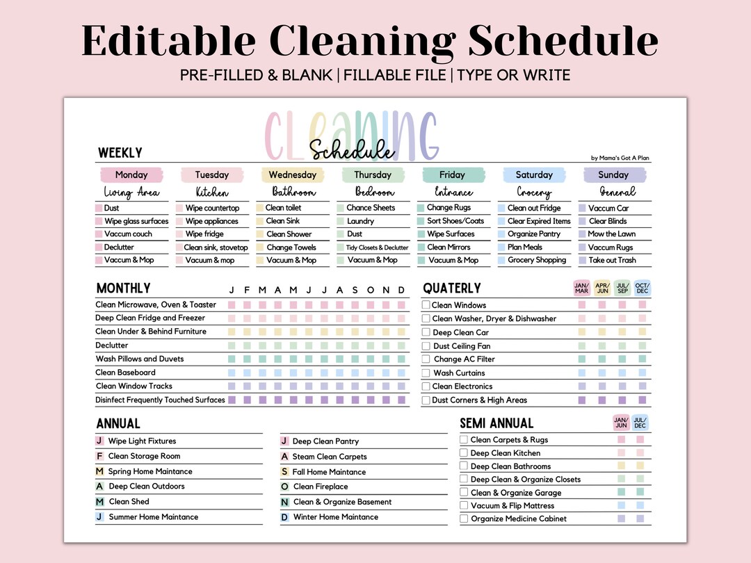 Editable Cleaning Schedule Printable Yearly Cleaning Checklist Editable ...