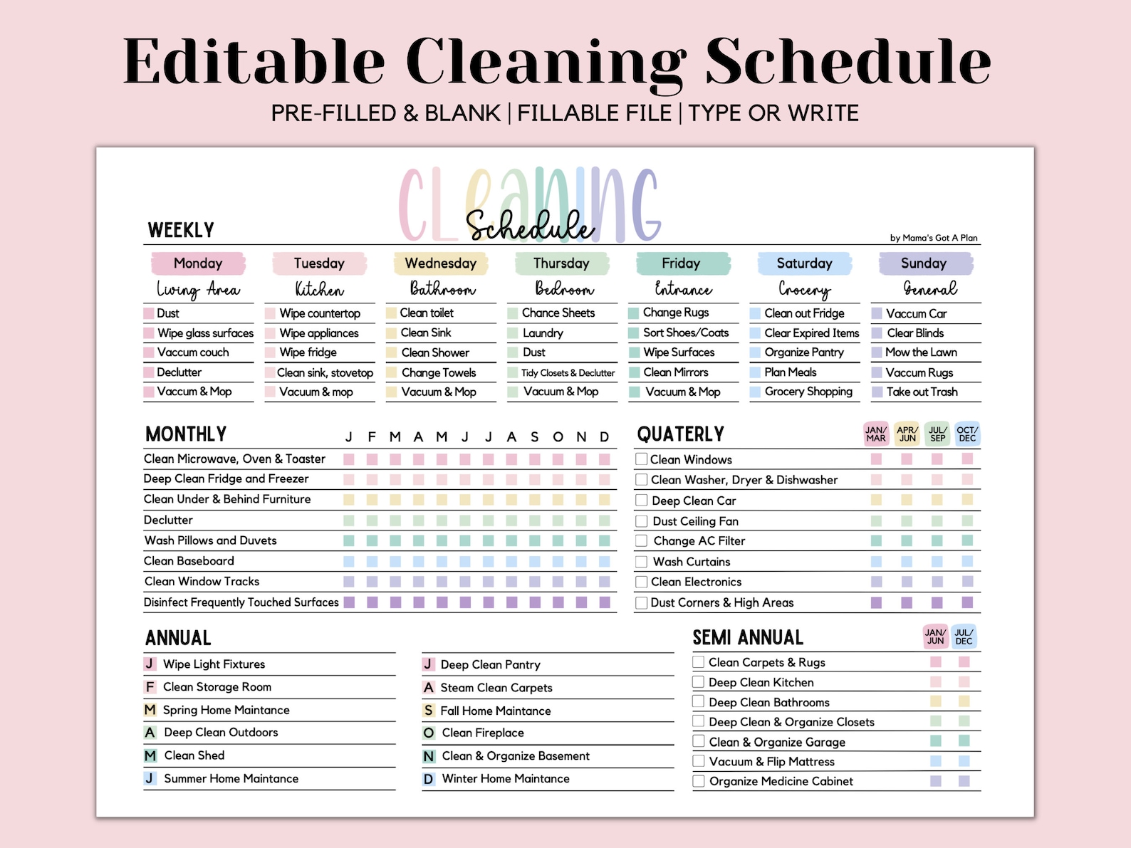 Editable Cleaning Schedule Printable Yearly Cleaning Checklist Editable ...