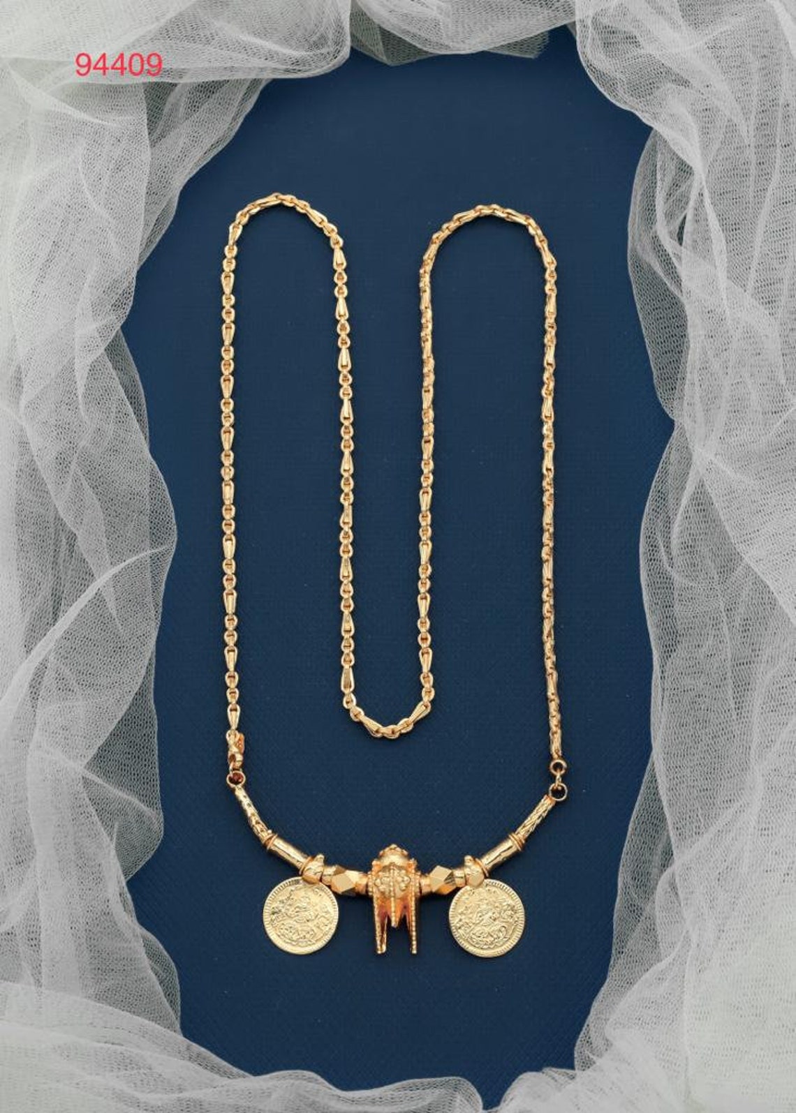 Gold-plated Mogappu Saradu Chain: South Indian Cubic Zirconia Necklace ...