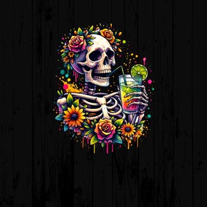Skeleton Drinking Cocktail Art Print, Colorful Skull Floral Decor ...