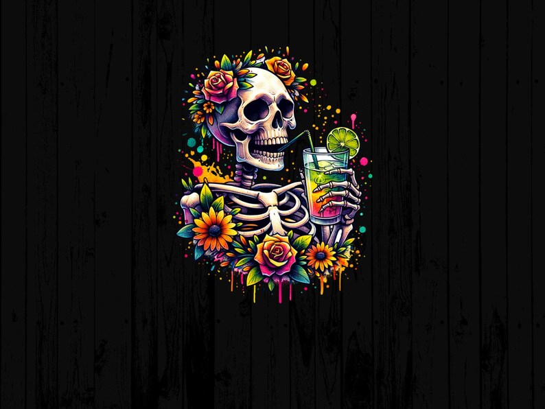 Skeleton Drinking Cocktail Art Print, Colorful Skull Floral Decor ...