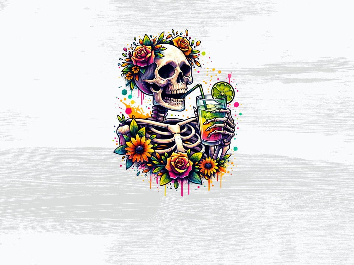 Skeleton Drinking Cocktail Art Print, Colorful Skull Floral Decor ...