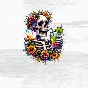 Skeleton Drinking Cocktail Art Print, Colorful Skull Floral Decor ...