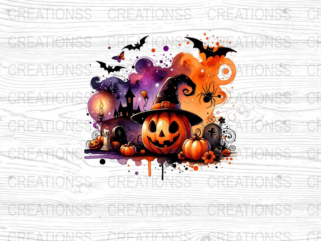 Halloween Pumpkin Witch Hat Digital PNG, Spooky Haunted House Bats ...