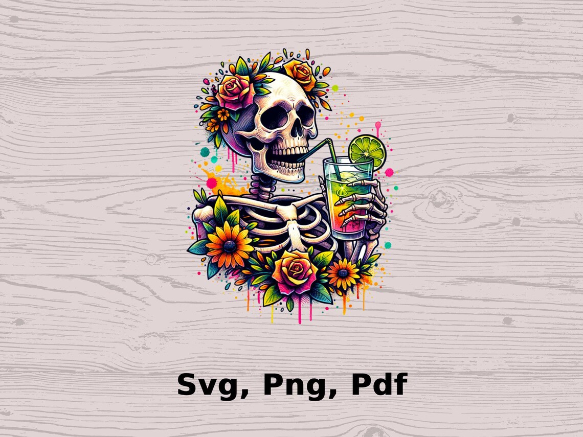 Skeleton Drinking Cocktail Art Print, Colorful Skull Floral Decor ...