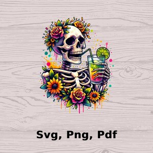 Skeleton Drinking Cocktail Art Print, Colorful Skull Floral Decor ...