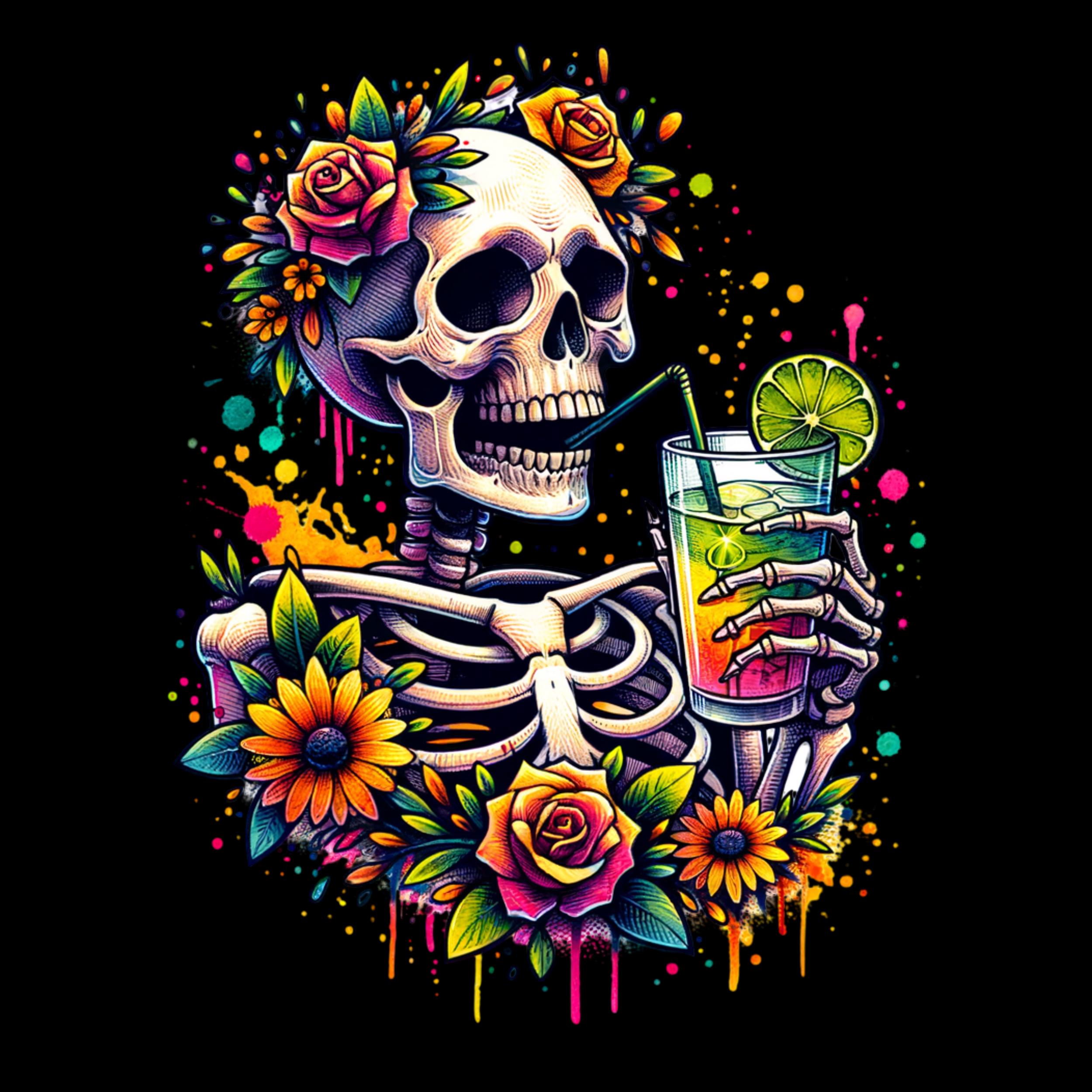 Skeleton Drinking Cocktail Art Print, Colorful Skull Floral Decor ...