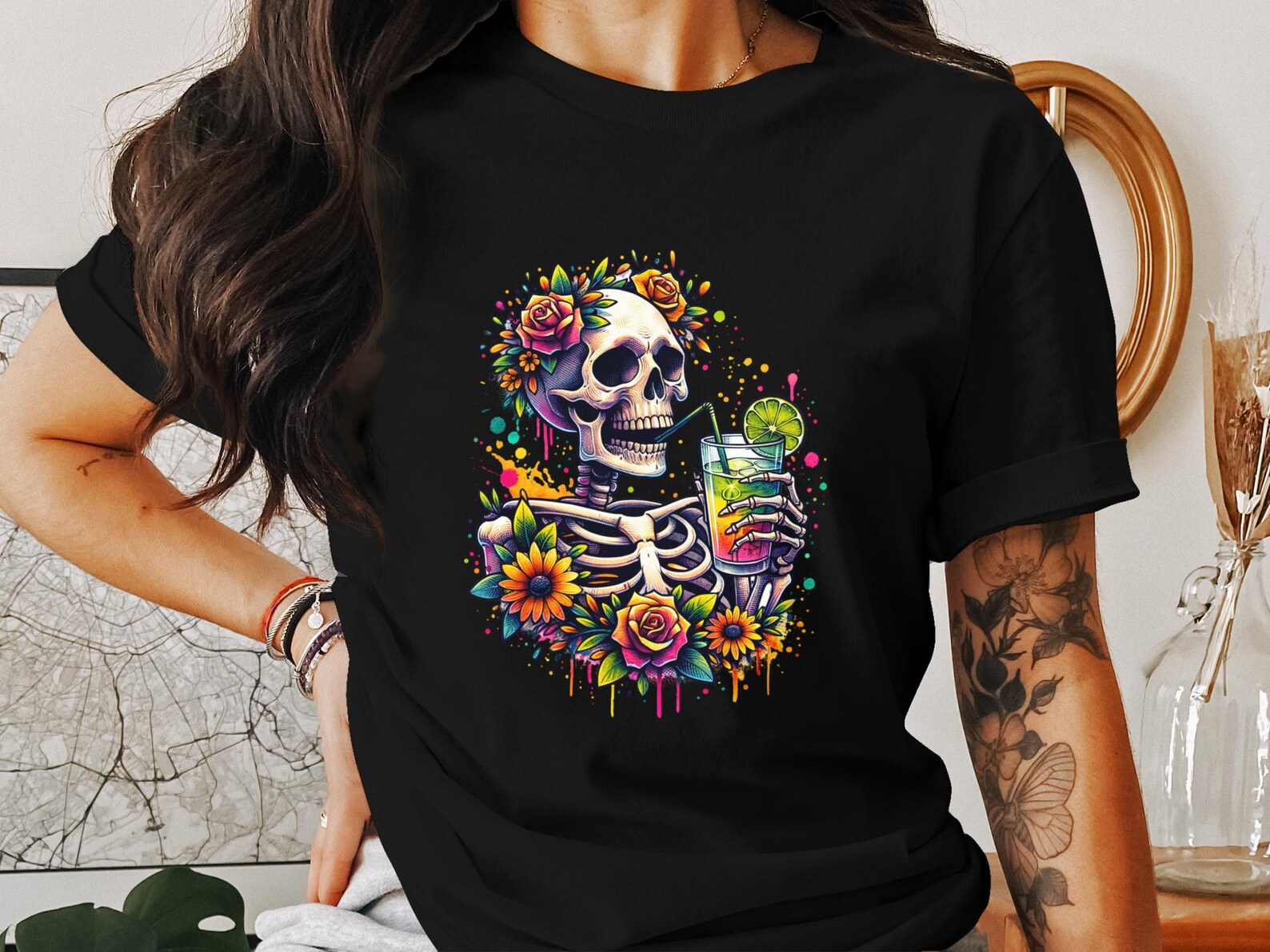 Skeleton Drinking Cocktail Art Print, Colorful Skull Floral Decor ...