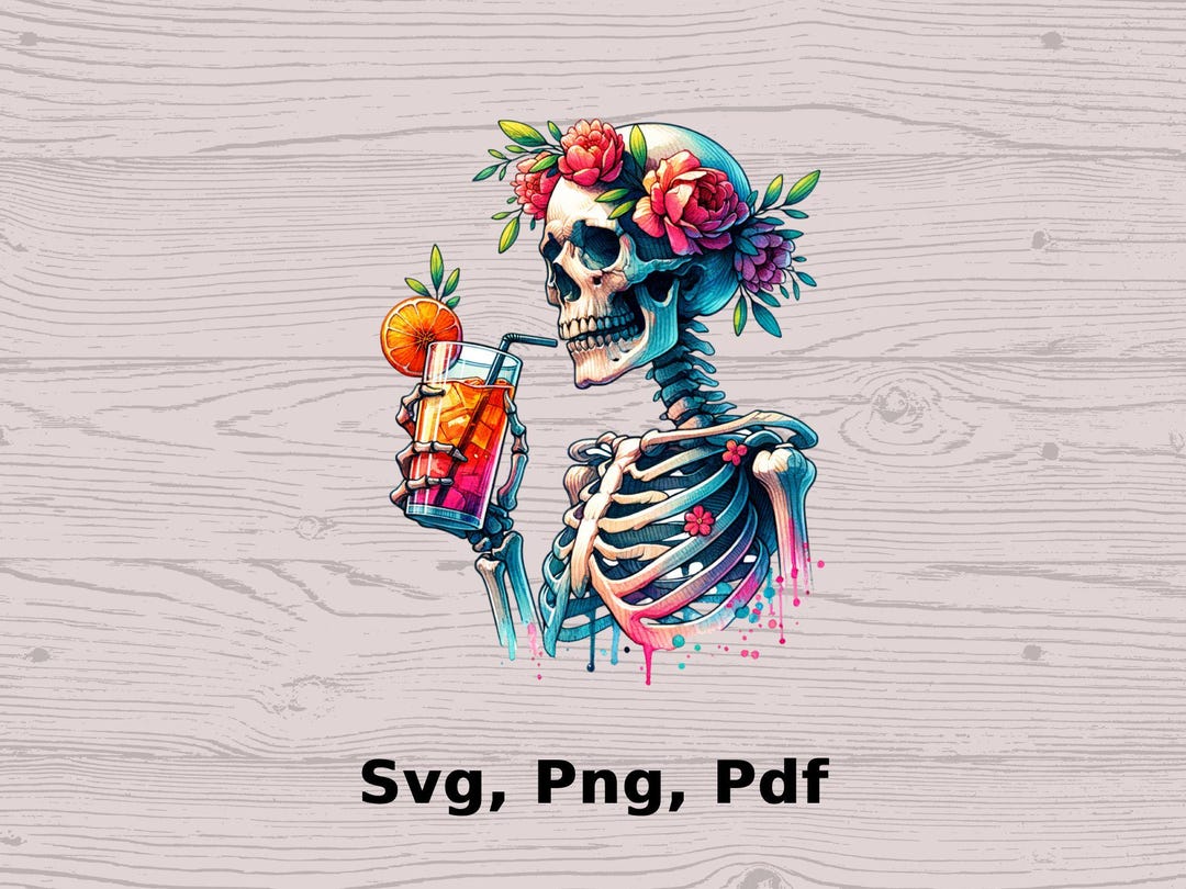 Skeleton Drinking, Cocktail Digital Art Print, Skull With Flower Crown ...