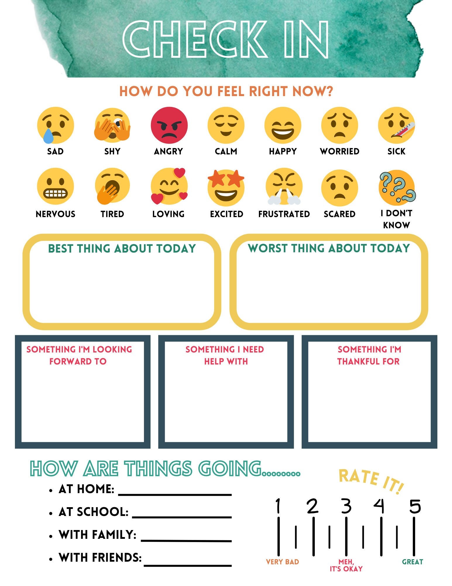 Check in Worksheet (kids, Teens, and Adults) - for Mental Health ...
