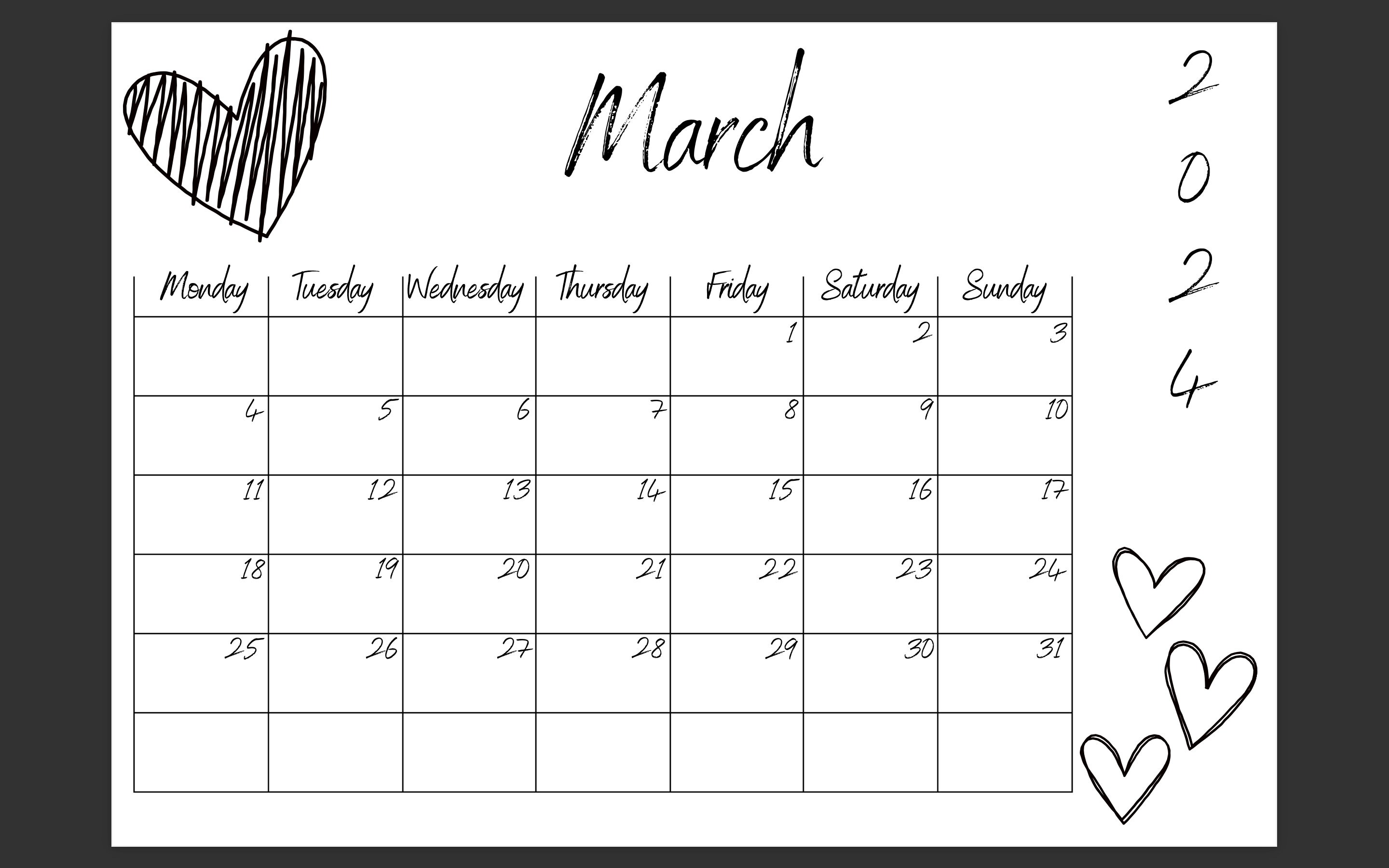 Heart 2023 and 2024 Calendar Printable - Etsy