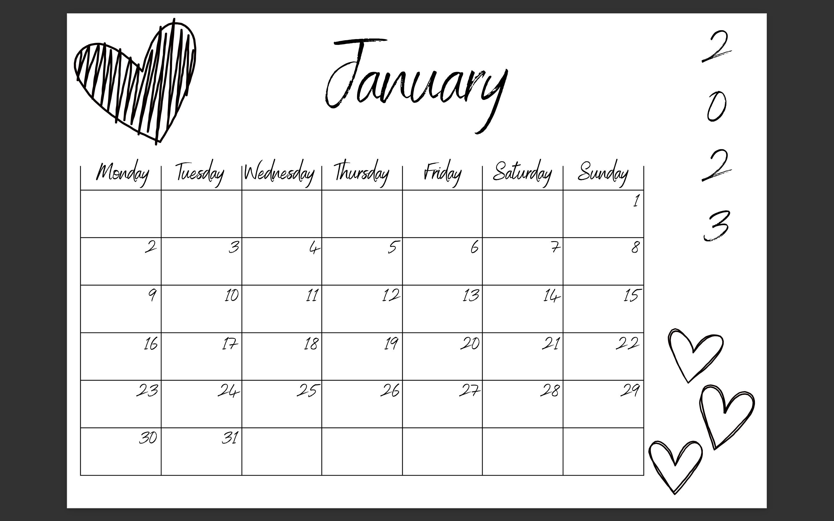 Heart 2023 and 2024 Calendar Printable - Etsy