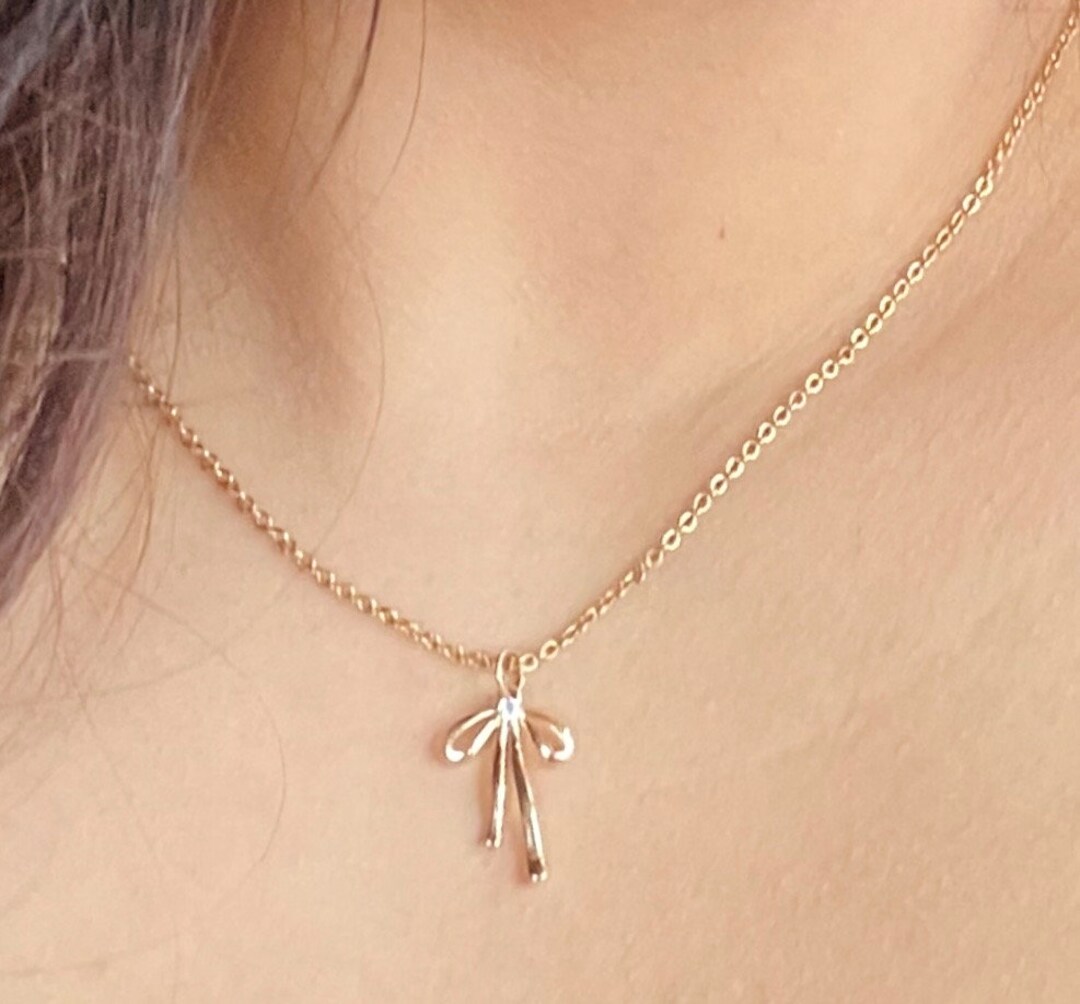 14k Gold Ribbon Bow Coquette Aesthetic 18” Dainty Necklace Real 14k ...