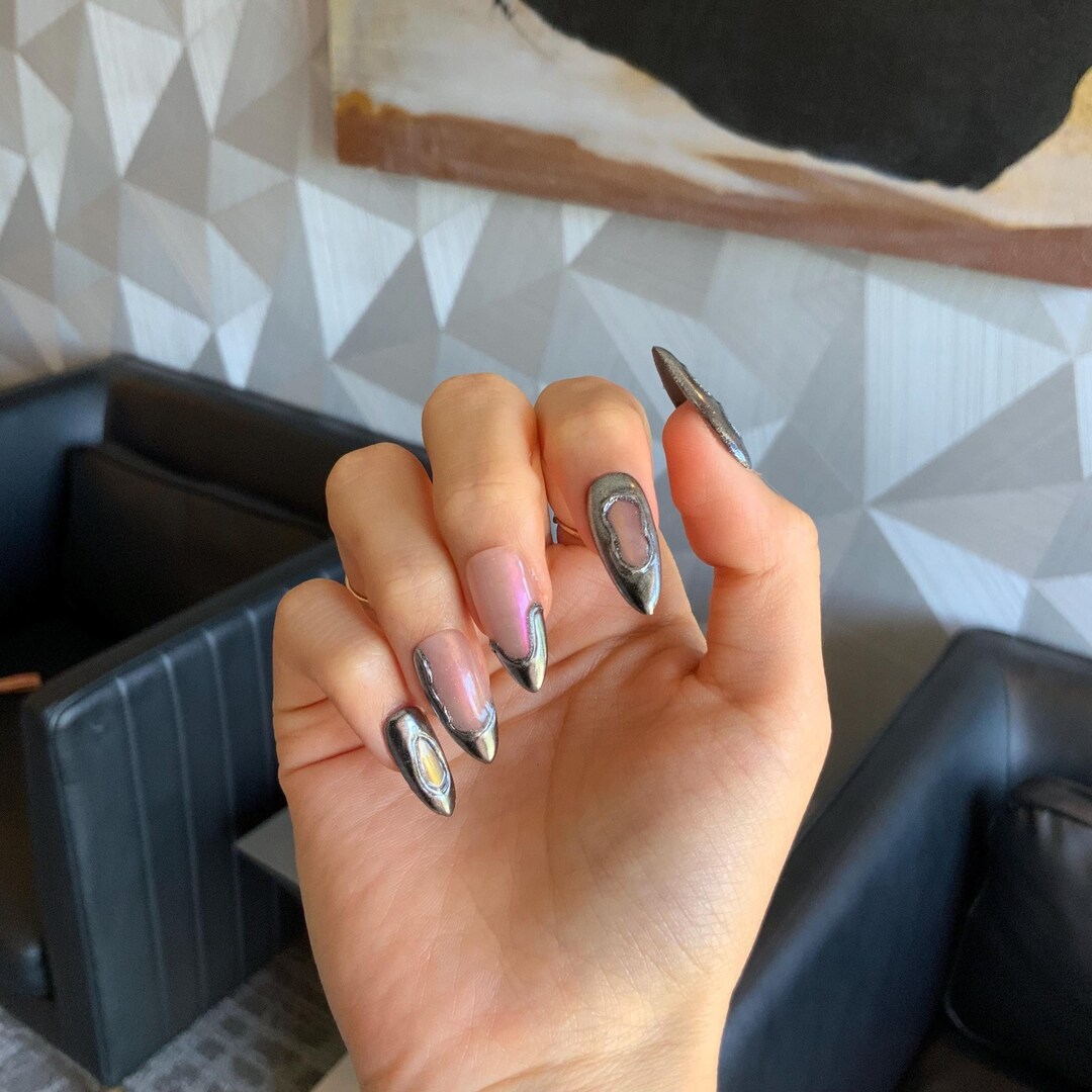 Alexandria Edgy Nails Silver Chrome 3D Almond Press on Nails Handmade Nails - Etsy