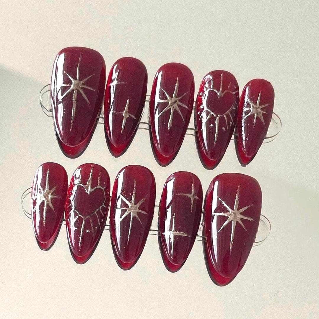 Gabrielle Red Nails Maroon Red and Gold Chrome Almond Press on Nails ...