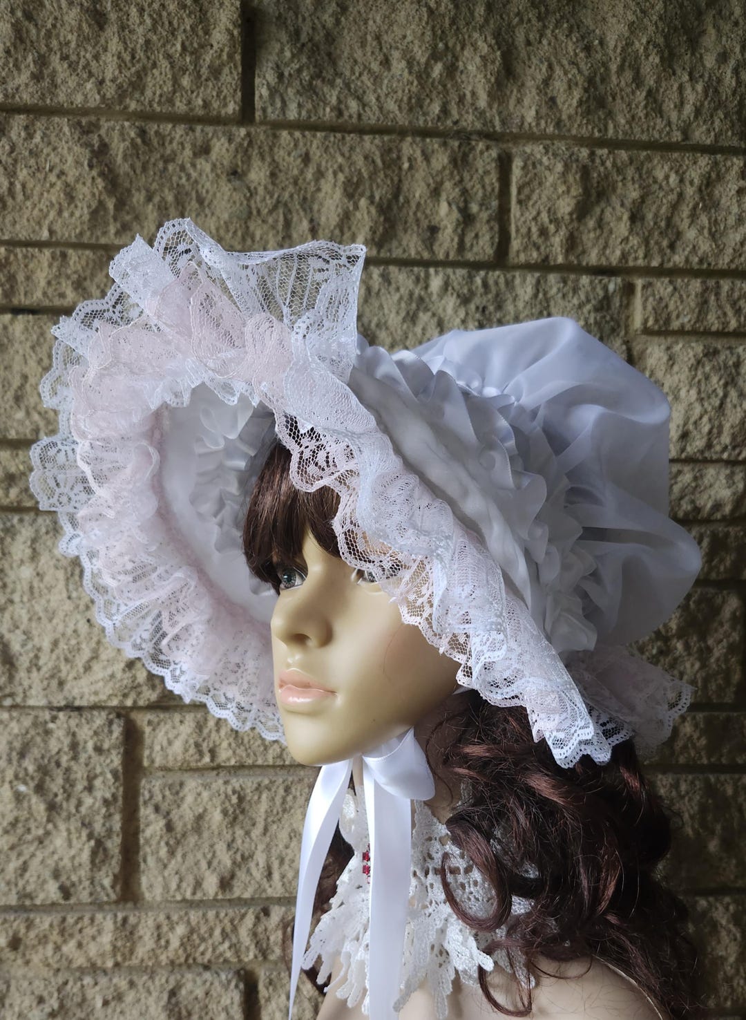 Western Wedding Romance Ruffled Lace Sheer Bonnet White Pale Pink Satin ...