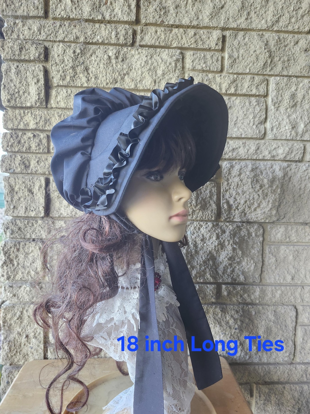 Victorian Bonnet Black Satin Ruffle Ribbon Bow Goth Cap Widow Weeds ...