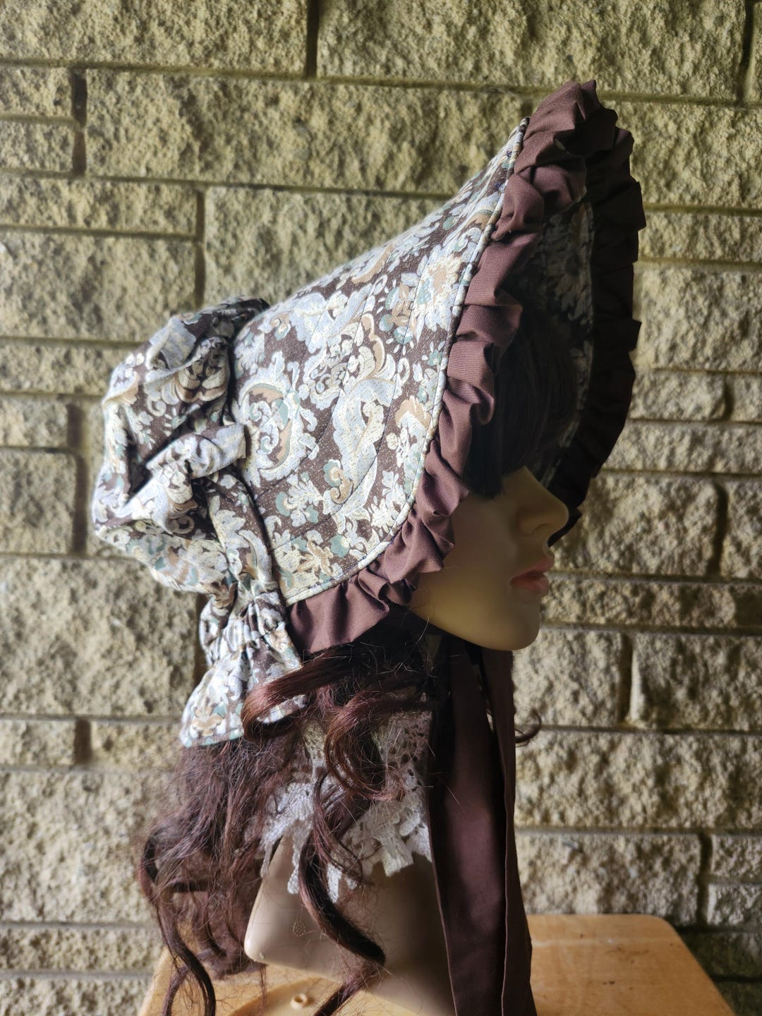 Victorian Paisley Bonnet: Carriage Poke Hat, Chocolate Brown Ruffle ...