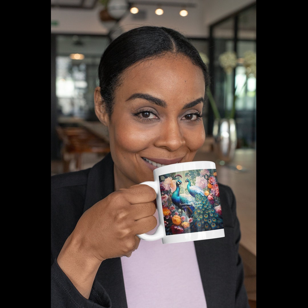 Peacock Feather Coffee Mug Elegant White Ceramic by Kareen Baker Design ...