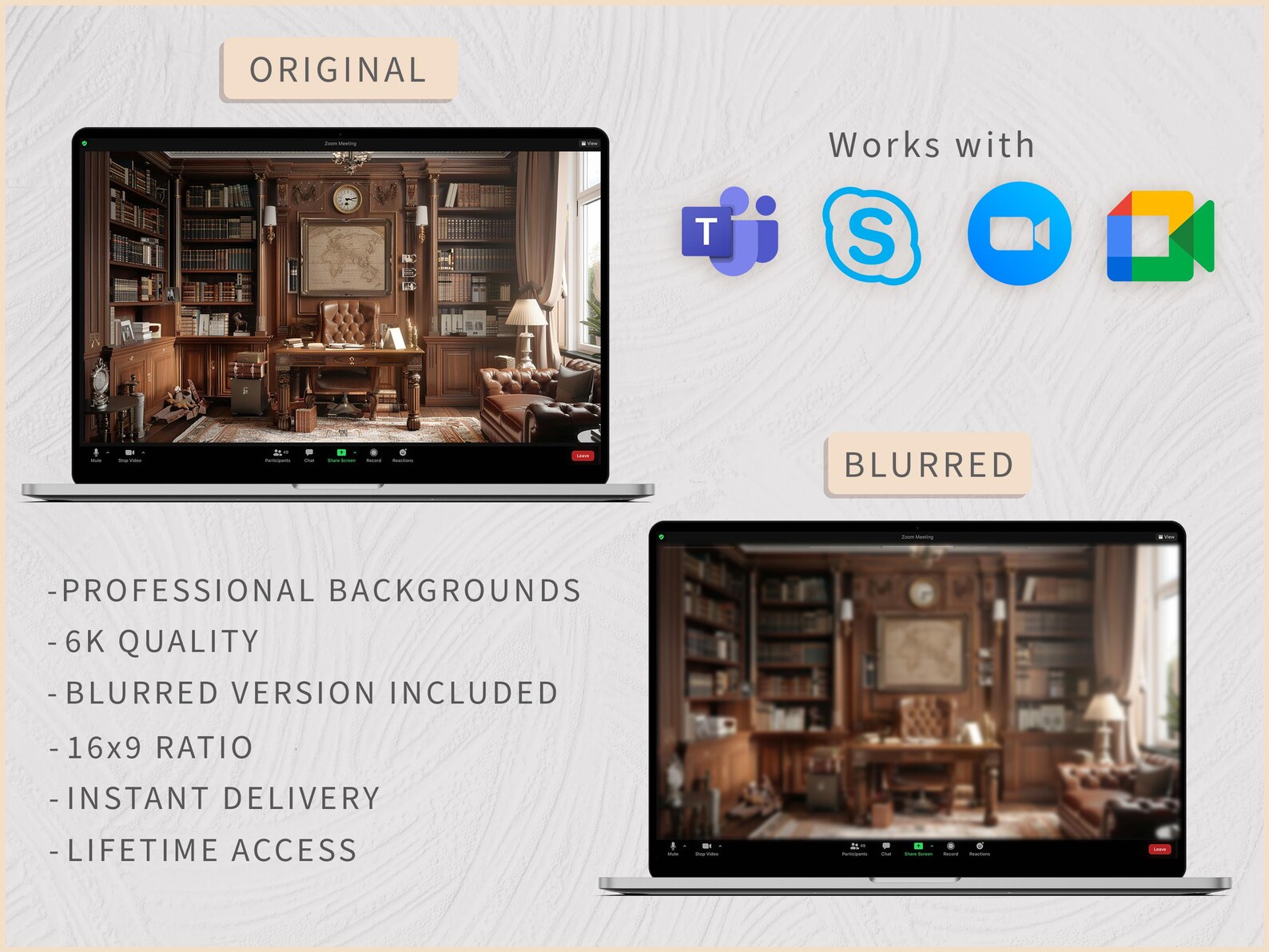 25 Vintage Study Room Zoom Background, 4K Virtual Bundle, Zoom Call ...