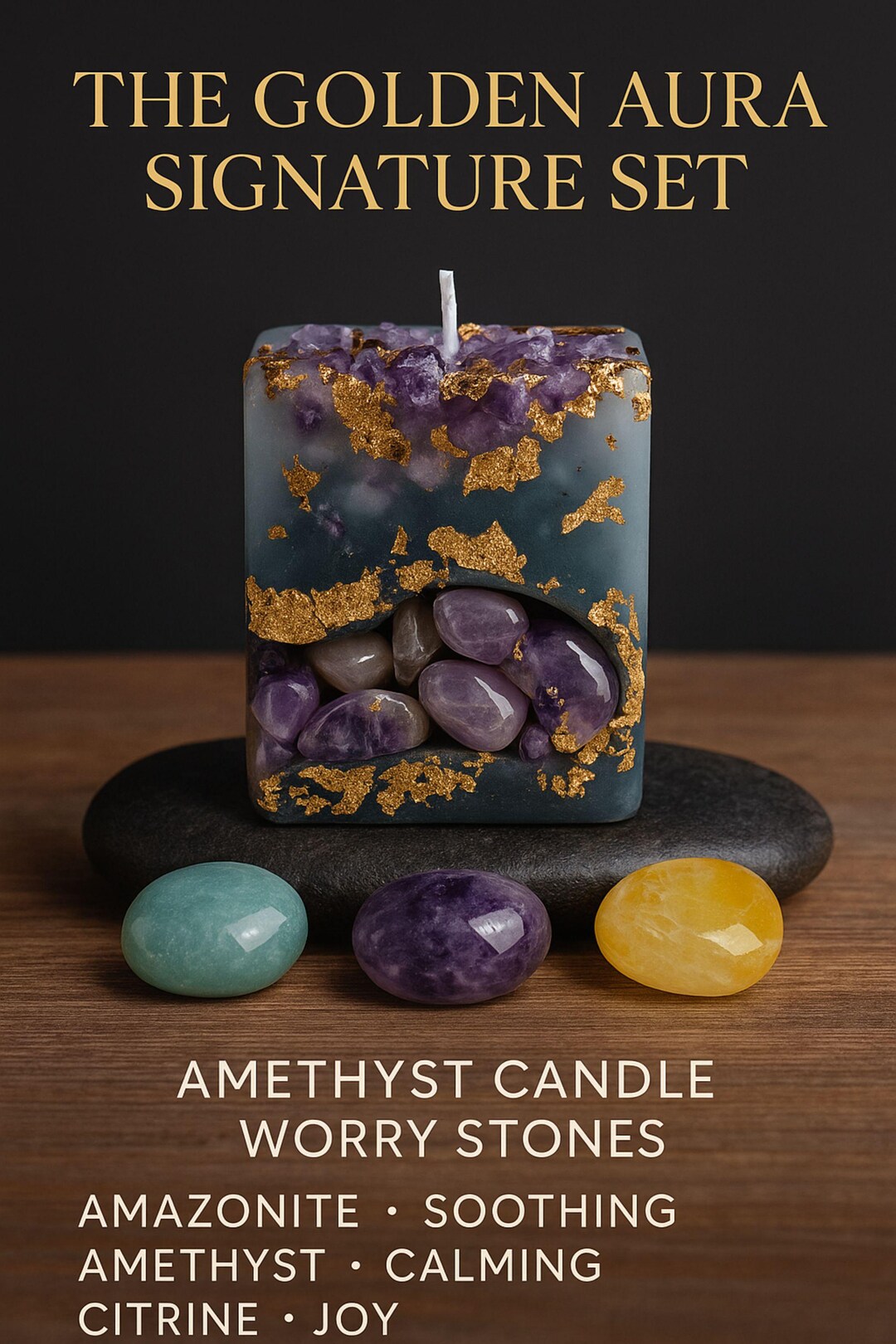 The Golden Aura Signature Set – Amethyst Geode Candle and Healing Worry ...