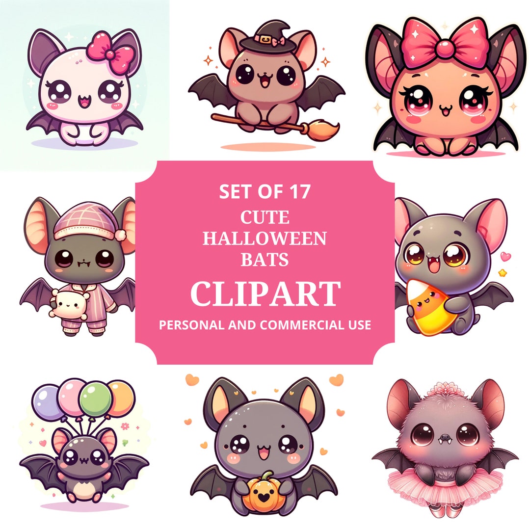 Kawaii Halloween Bats Clipart Cute Bat PNG Adorable Bat Illustrations ...