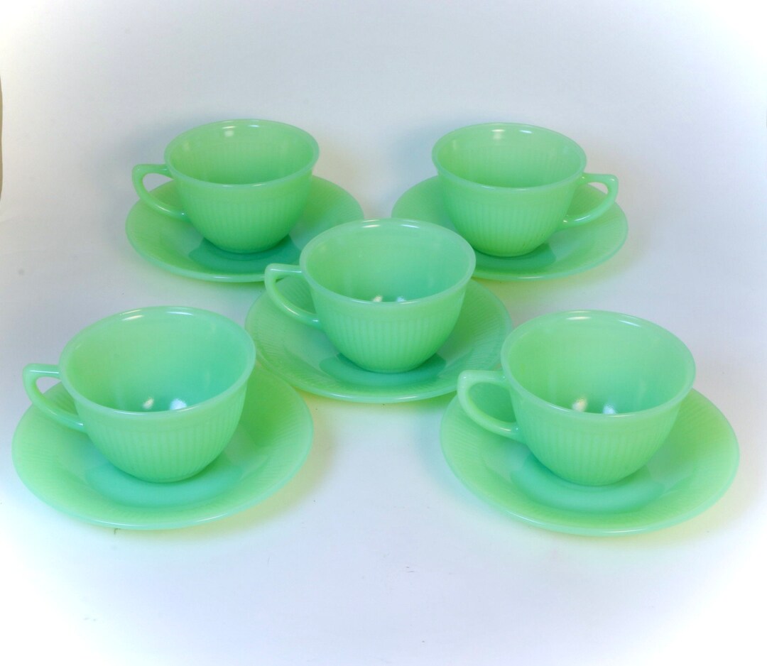 Vintage Set of 6 Fire King Jadeite Jane Ray Tea/coffee Cups & Saucers ...