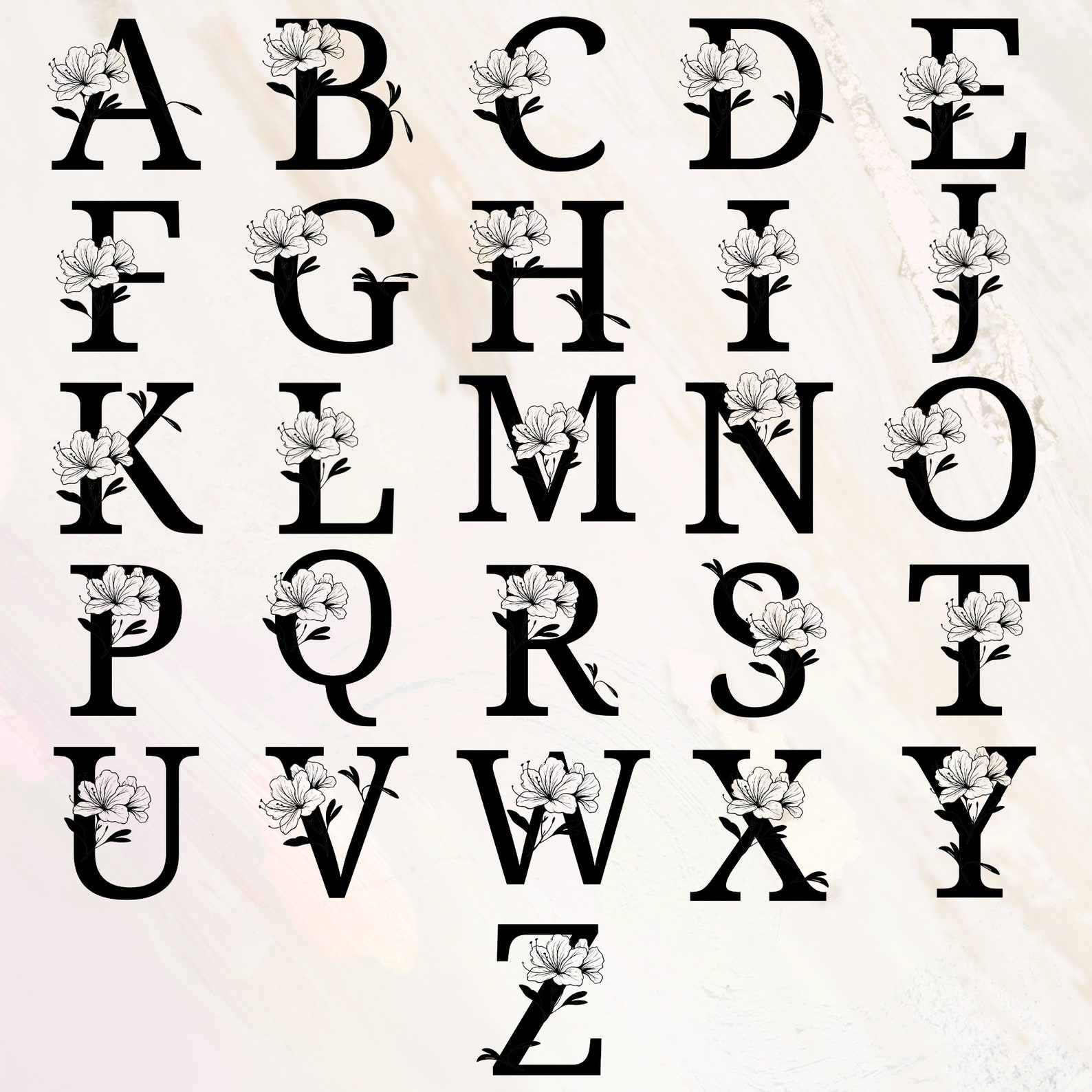 Azalea Flower Alphabet SVG Bundle: Wedding Letters Clipart (instant ...