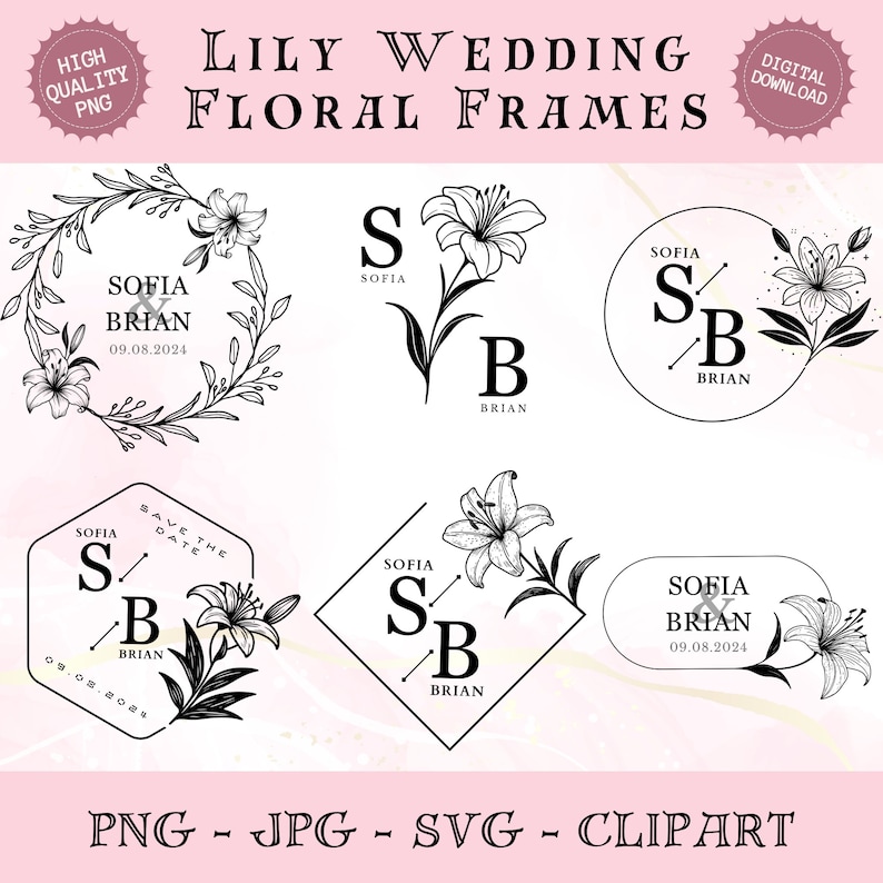 Modern Lily Frame SVG Files Bundle, Floral Frame PNG Set, Lily Frame ...