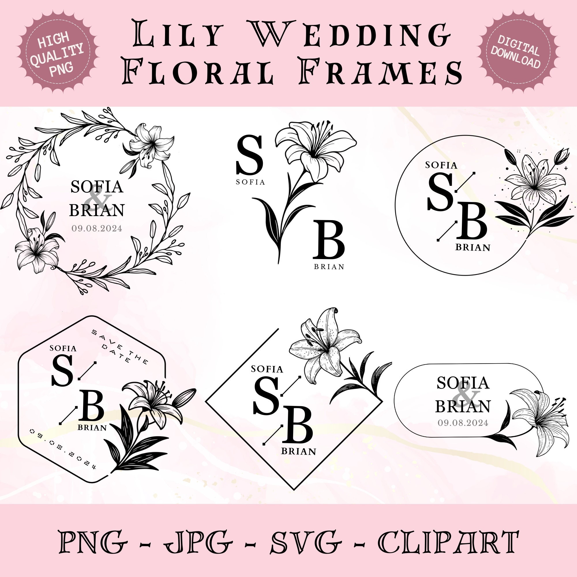 Modern Lily Frame SVG Files Bundle, Floral Frame PNG Set, Lily Frame ...