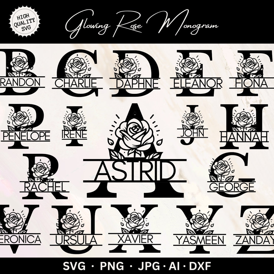 Glowing Rose Flower Monogram SVG Files, Rose Alphabetical Monogram Set ...