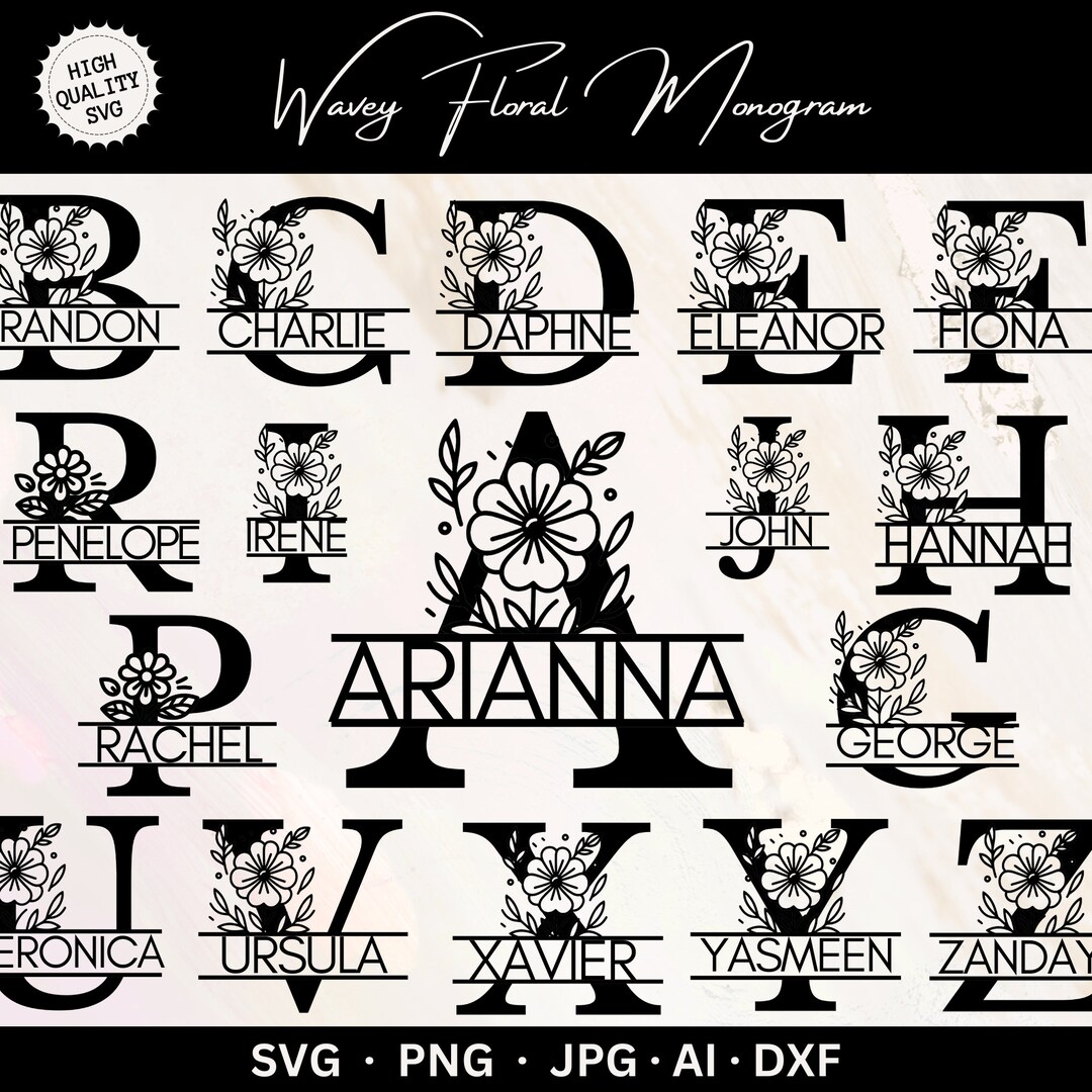 Floral Alphabet SVG Files: Wavey Split Monogram (digital Download) - Etsy