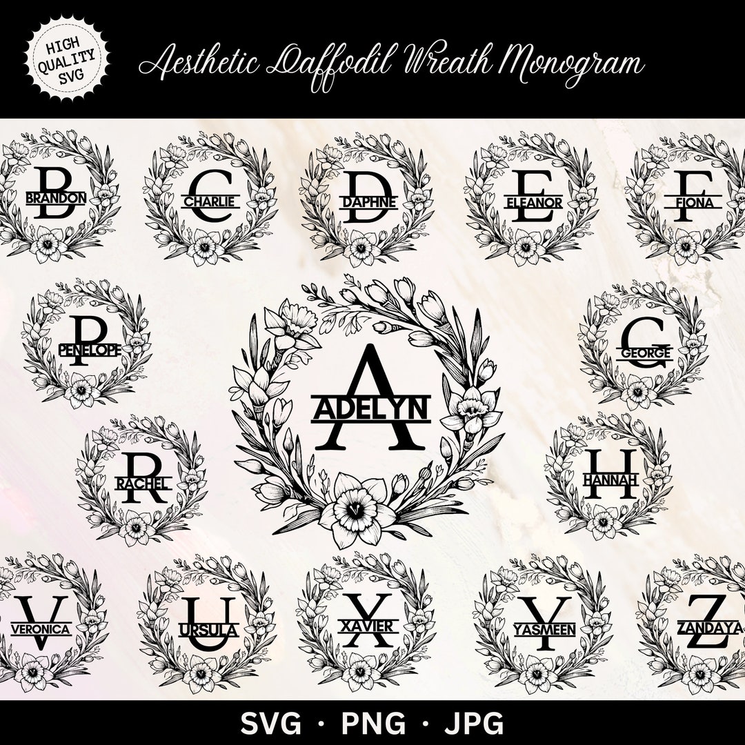 Daffodil Wreath Monogram SVG Bundle: Split Letter Design (instant ...
