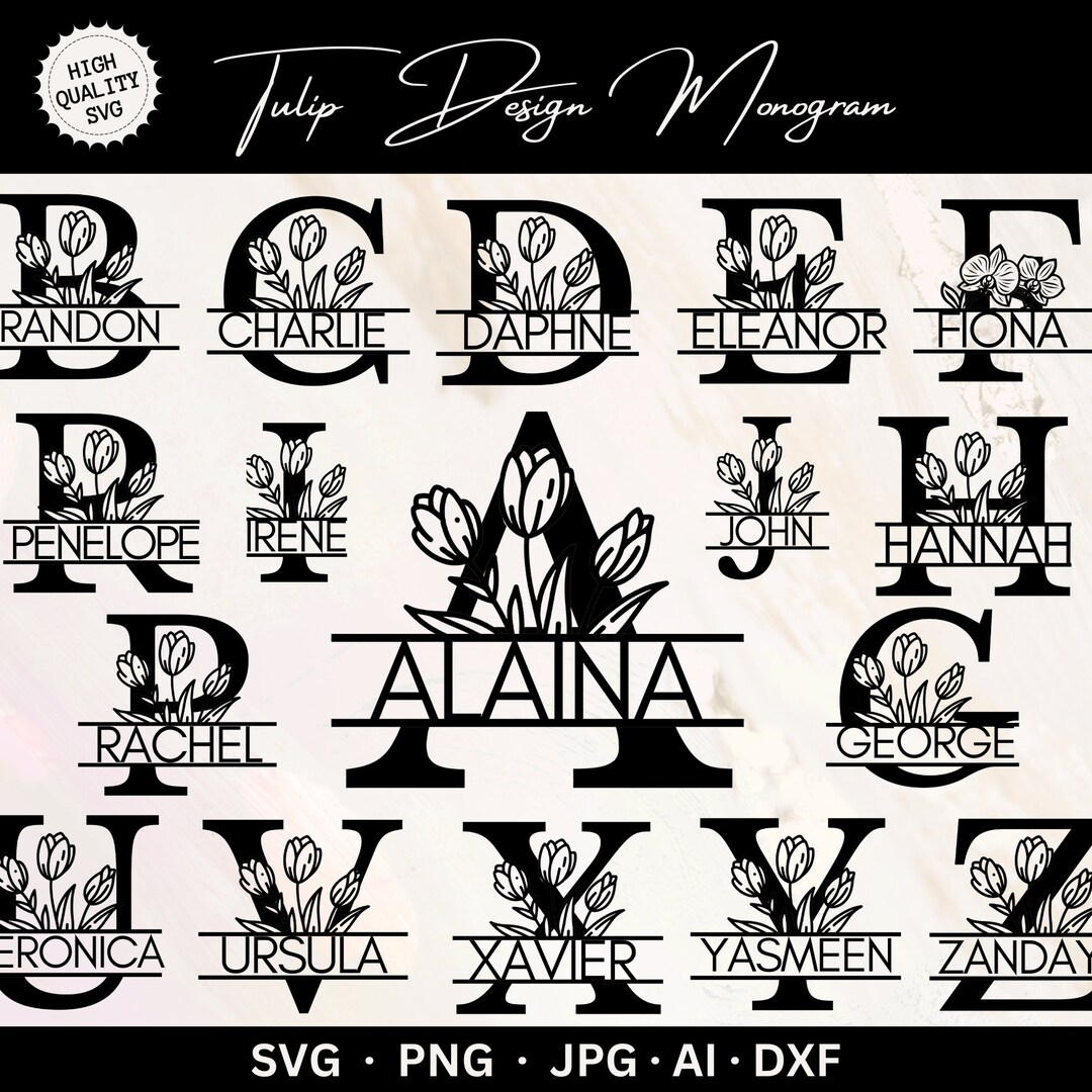 Tulip Monogram Alphabet SVG Bundle: Floral Split Letters (digital ...