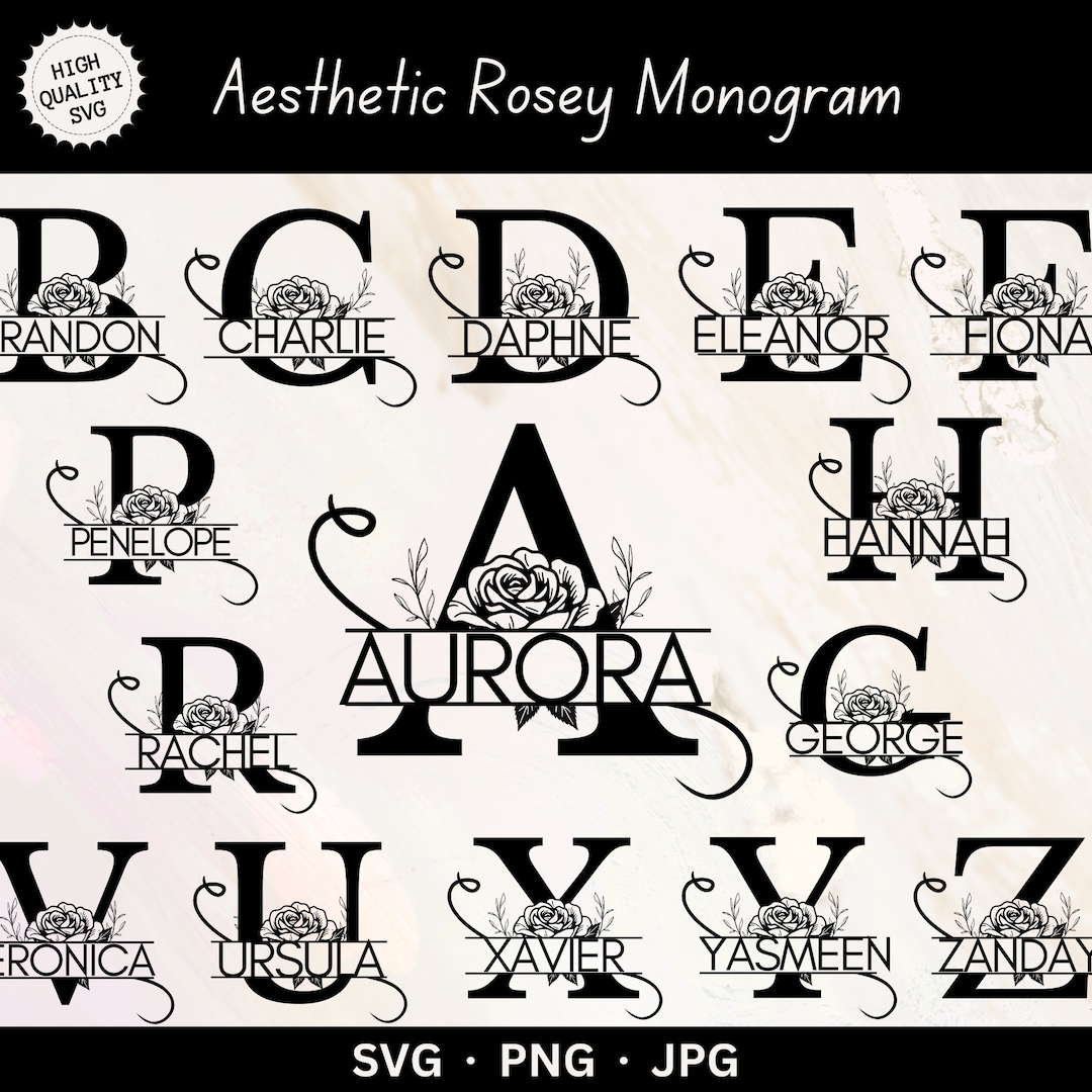 Aesthetic Rosey Monogram Bundle, Roses Spilt Alphabet Monogram PNG Set ...