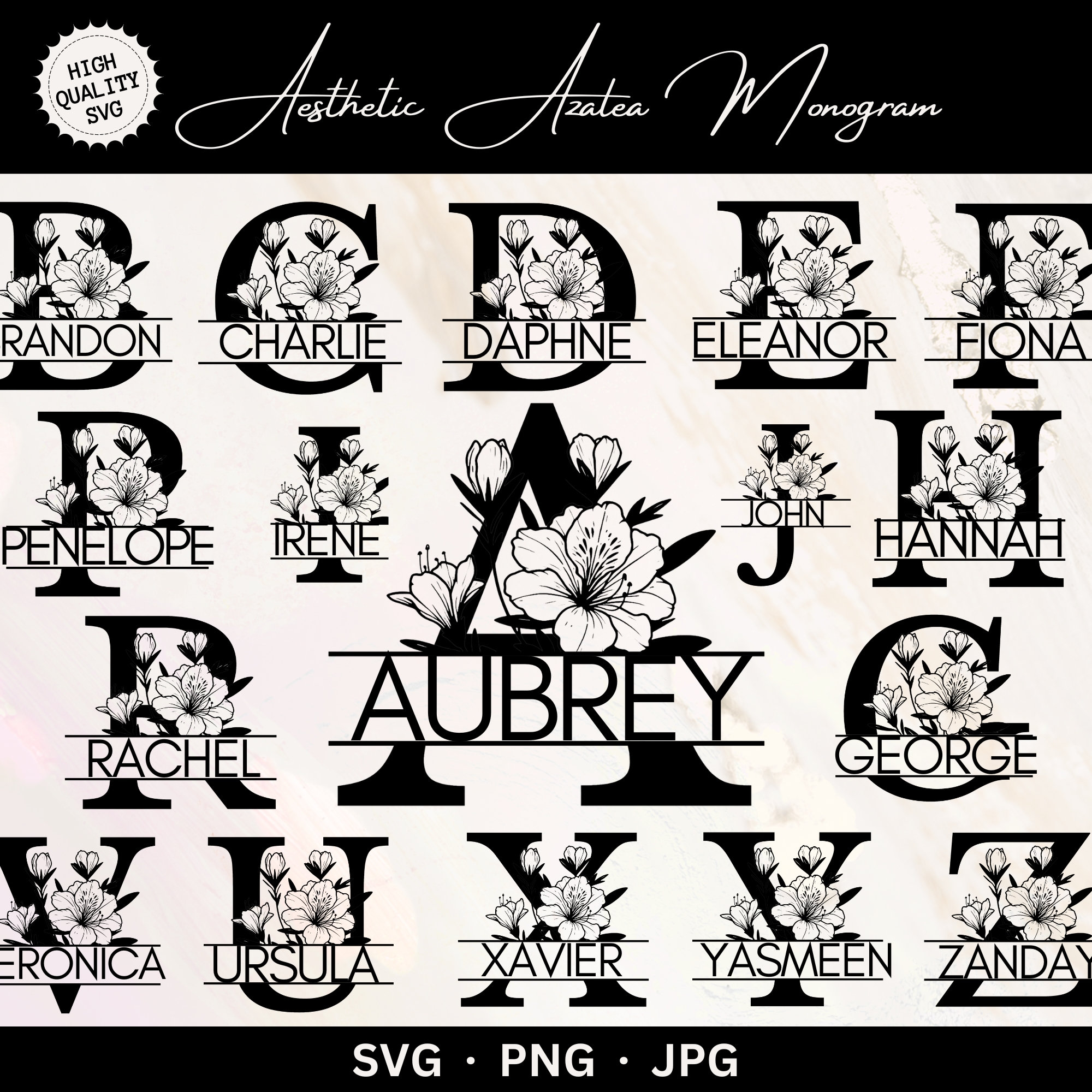 Aesthetic Azalea Flower Monogram SVG Files, Azalea Split Alphabet SVG ...