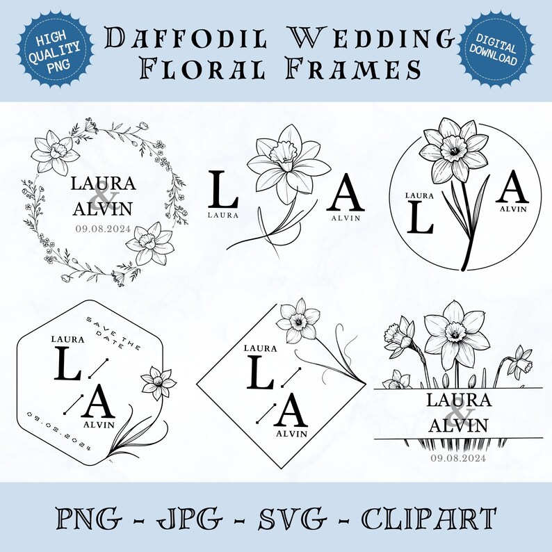 Daffodil Wedding Frame SVG Files Bundle, Floral Frame PNG Set, Daffodil ...