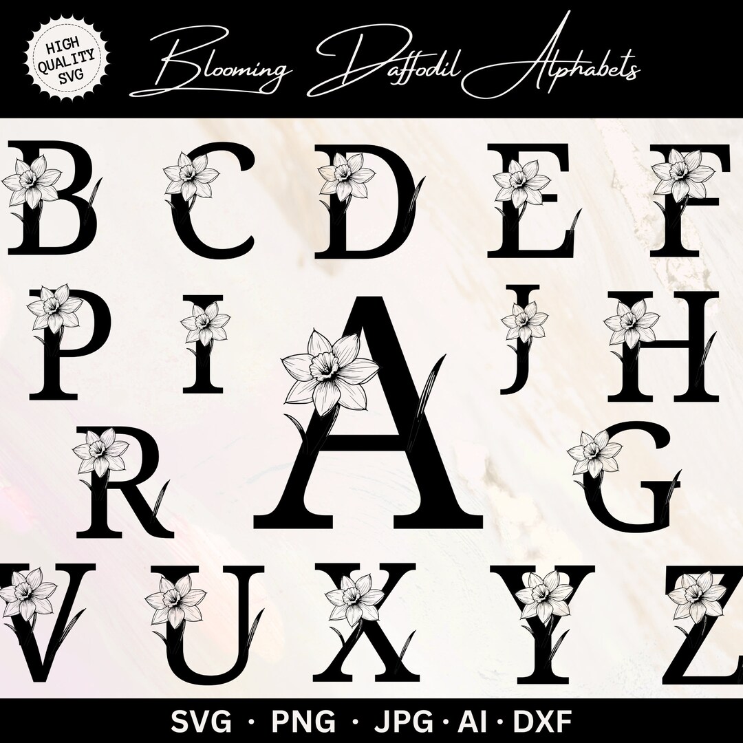 Daffodil Monogram SVG Bundle: Floral Alphabet PNG Files (instant ...