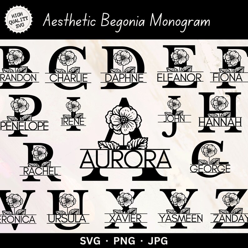 Begonia Flower Monogram SVG Bundle: Split Alphabet PNG Files (instant ...