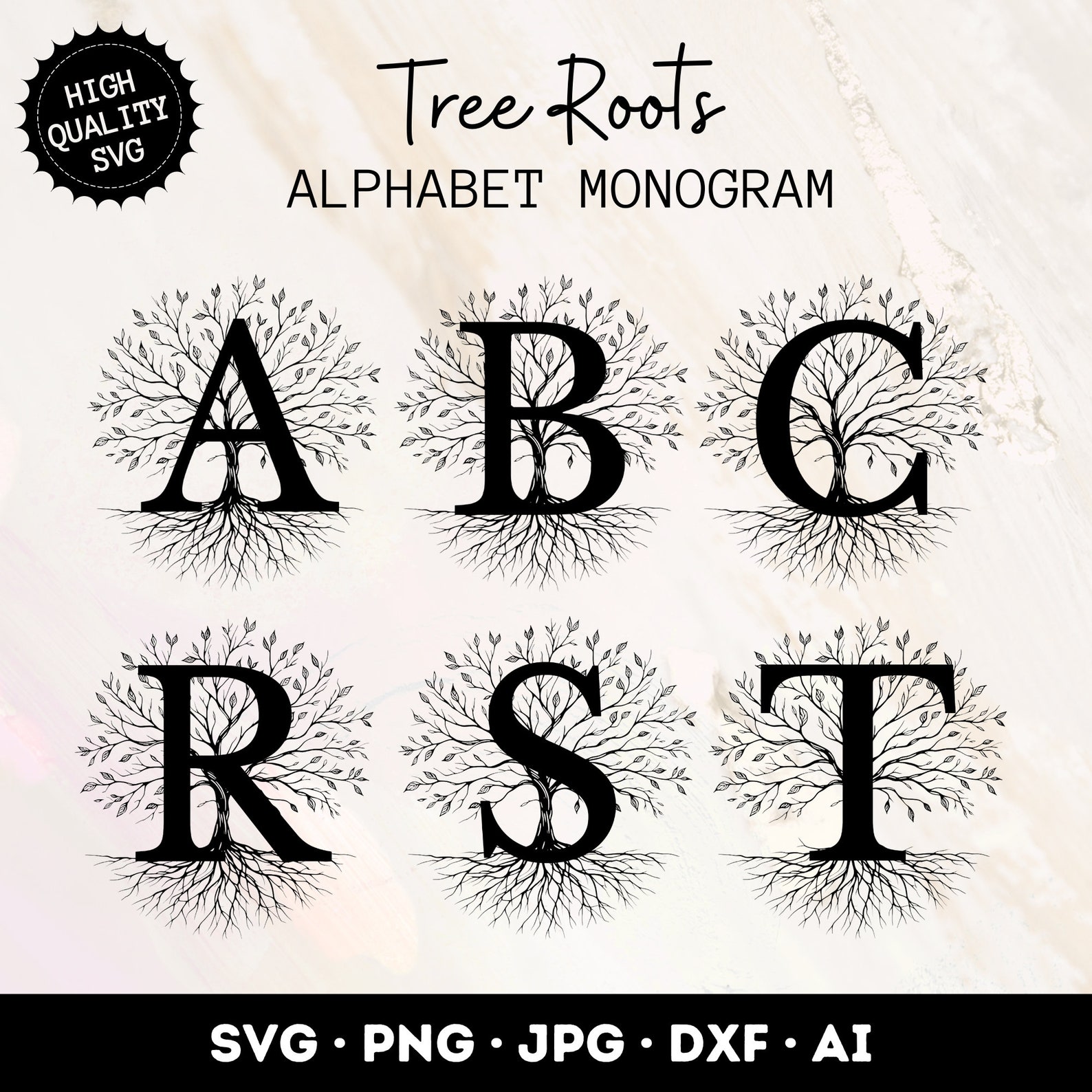 Tree Roots Alphabet Monogram SVG Files, Wedding Monogram PNG Set, Spilt ...