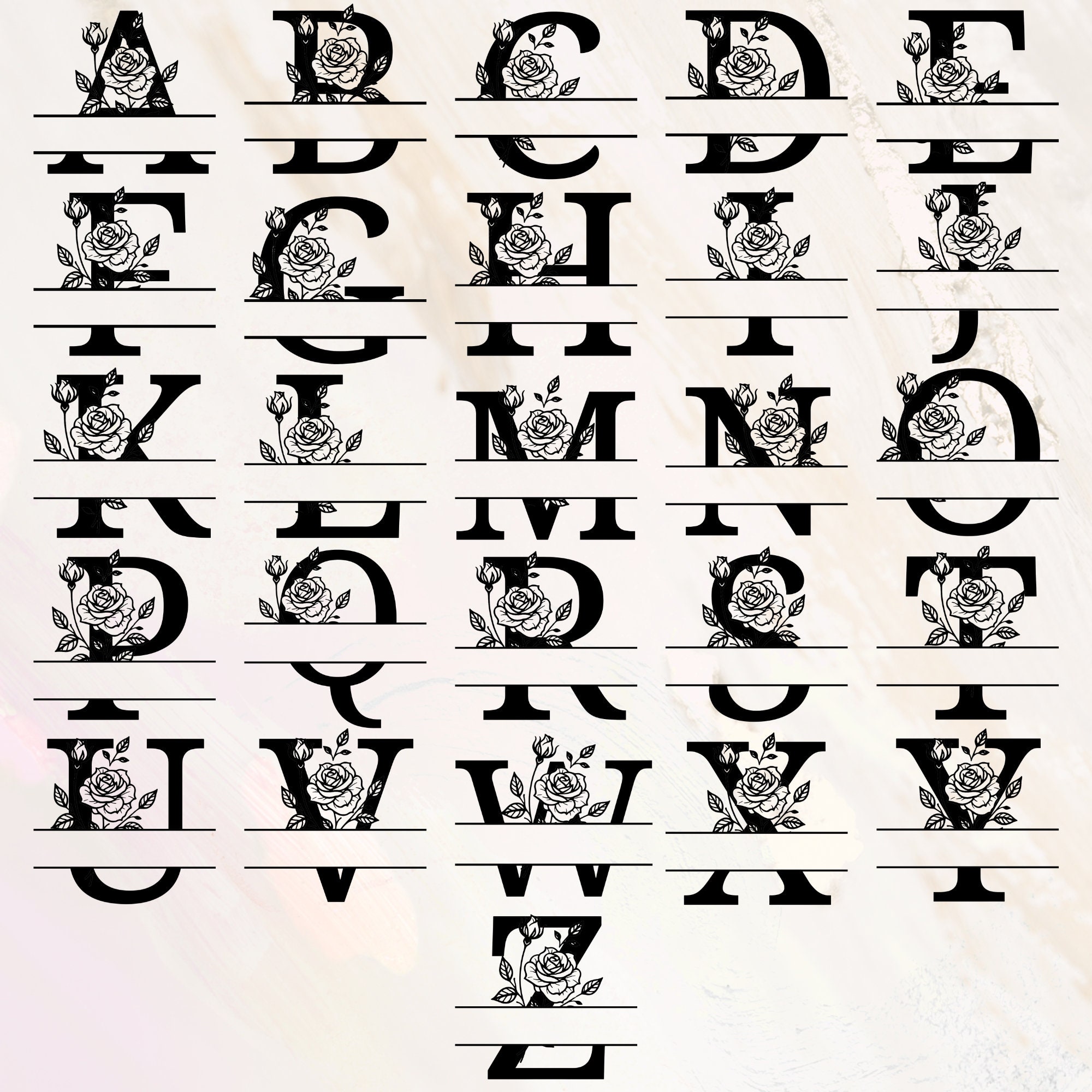 Rose Monogram Split Alphabet SVG Files, Rose Monogram PNG Bundle, Split ...