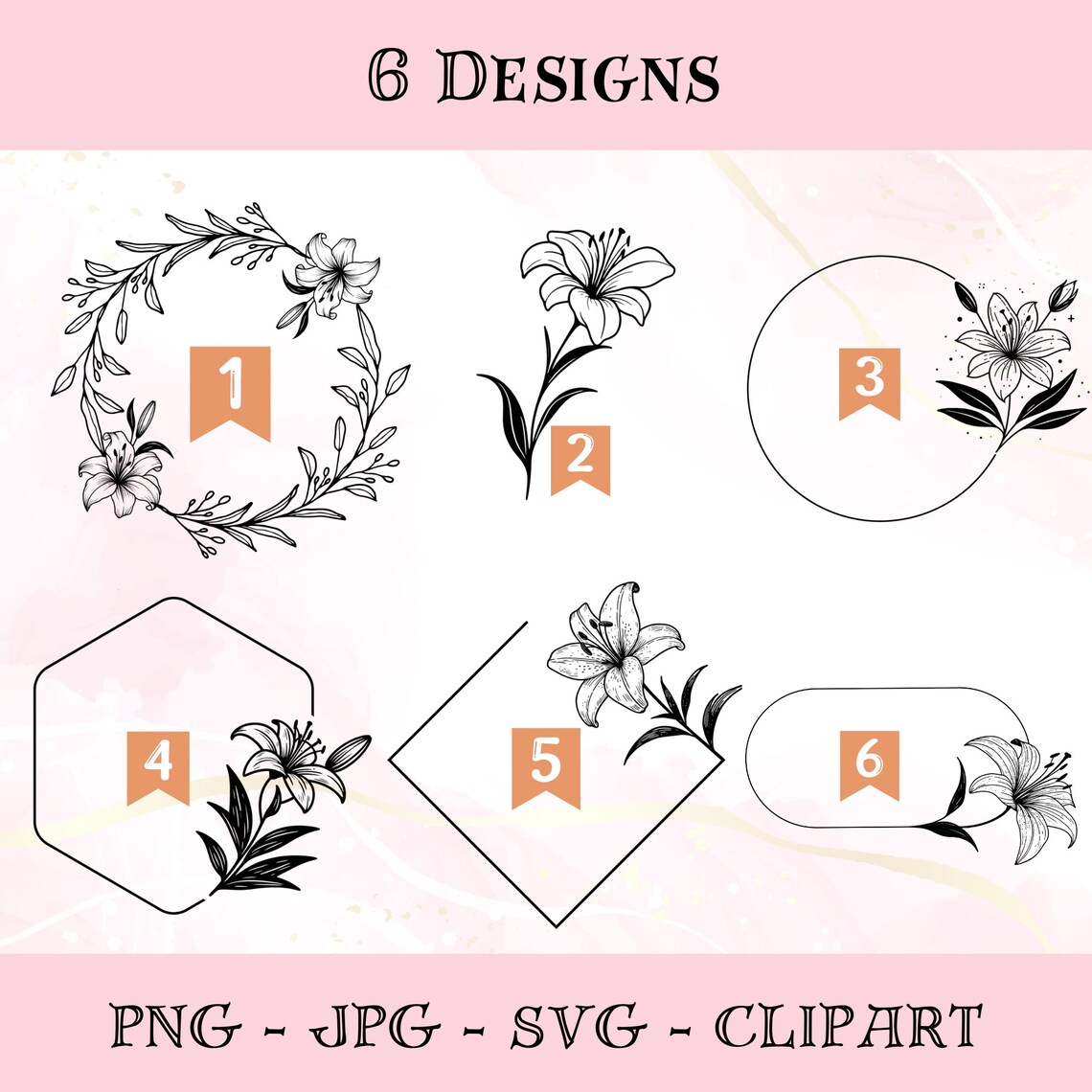 Modern Lily Frame SVG Files Bundle, Floral Frame PNG Set, Lily Frame ...