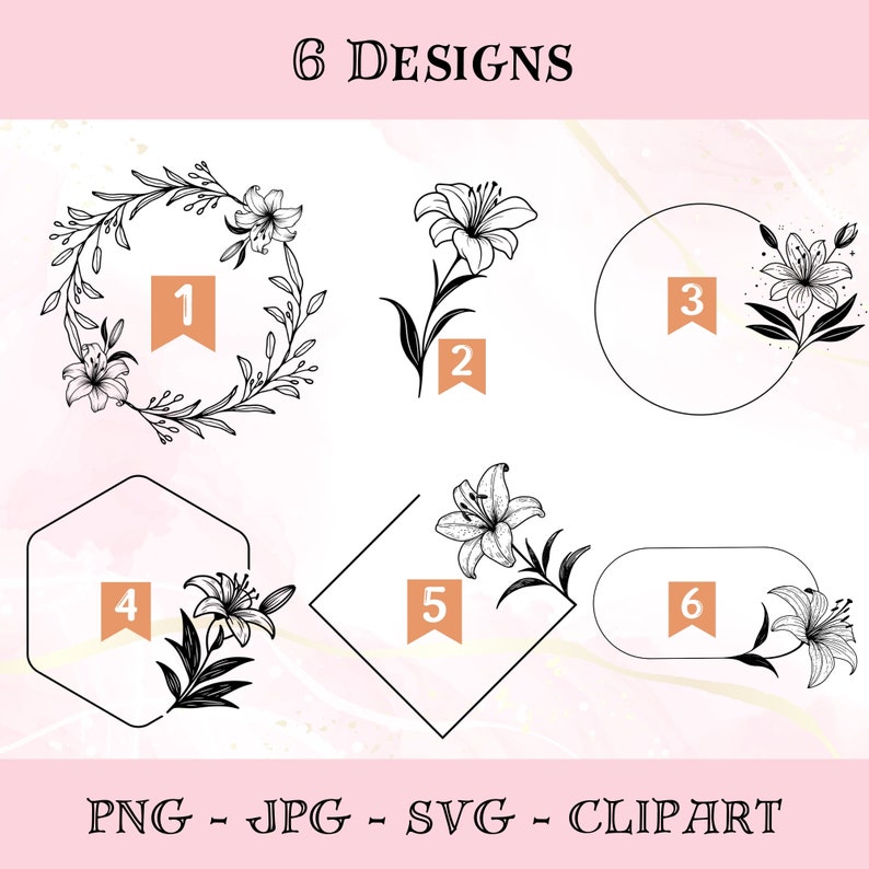 Modern Lily Frame SVG Files Bundle, Floral Frame PNG Set, Lily Frame ...