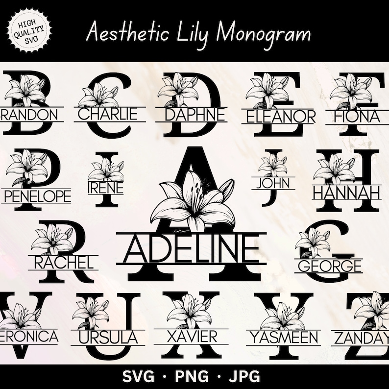 Lily Flower Monogram Alphabet SVG Bundle: Split Letter PNG (instant ...