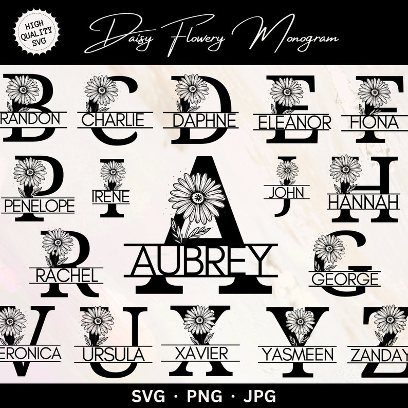 Daisy Flower Monogram SVG Bundle, Spilt Daisy Letters Monogram PNG Set ...