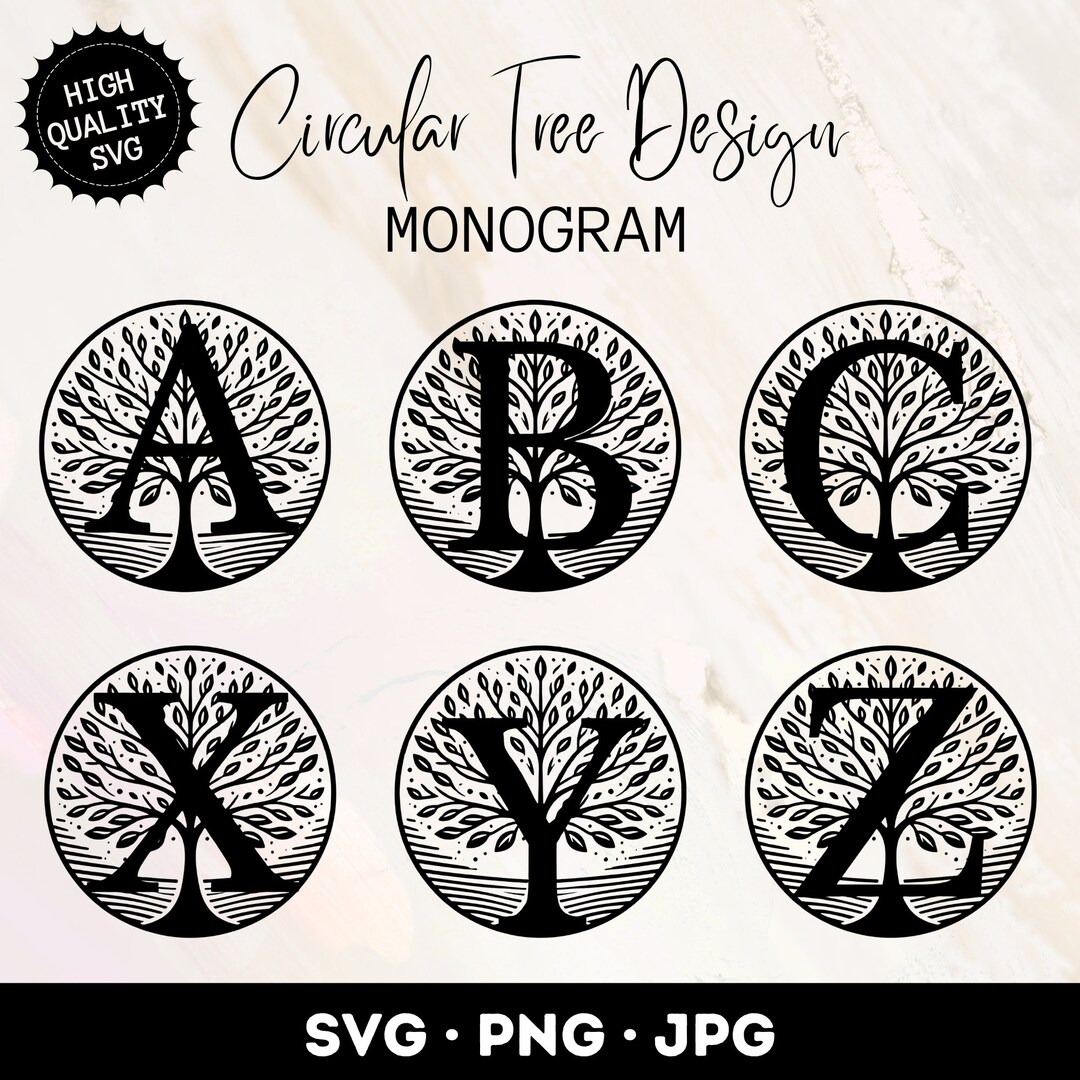 Circular Tree Design Monogram SVG Files, Spilt Alphabet PNG Set ...