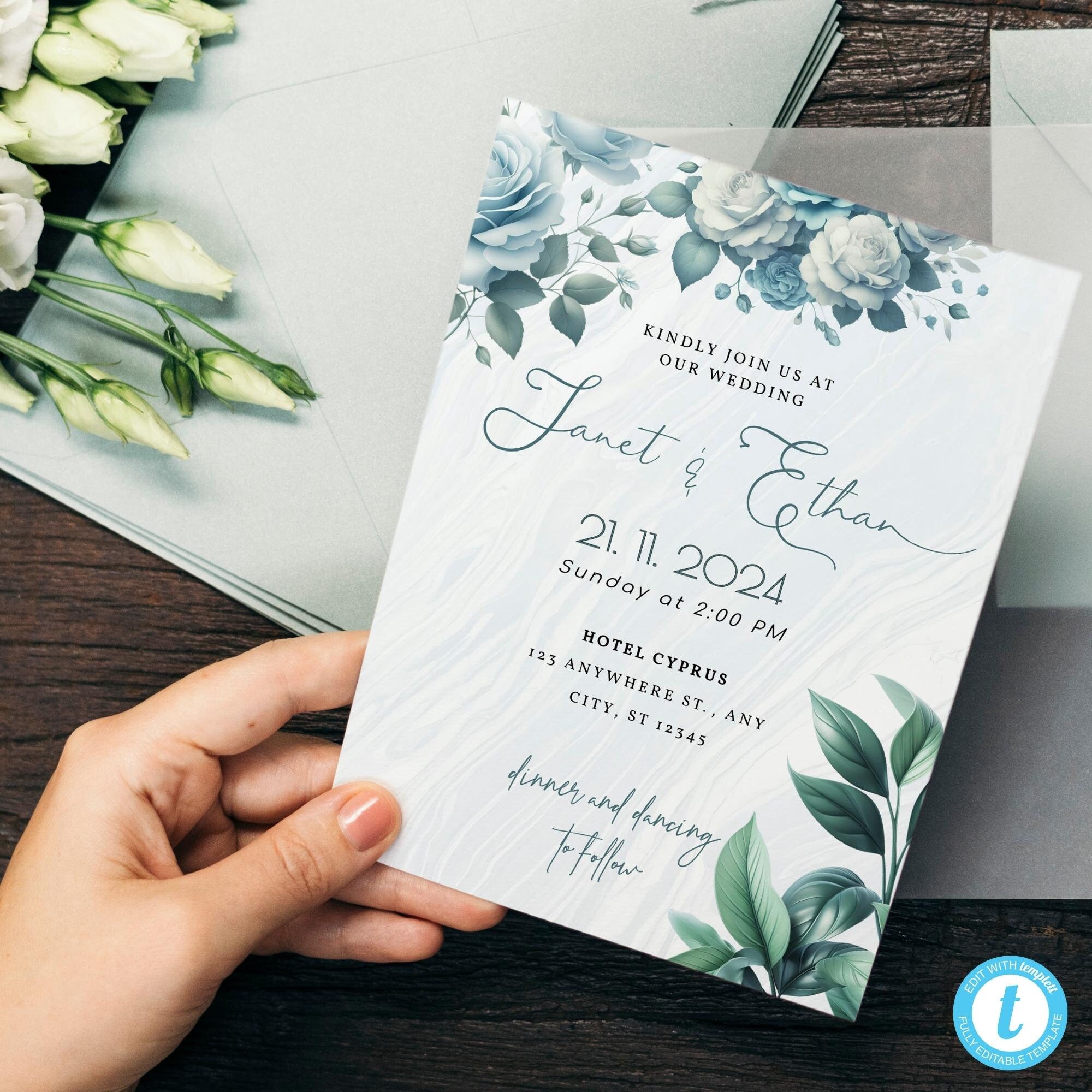 Light Blue Wedding Invitation Flower Wedding Card - Etsy