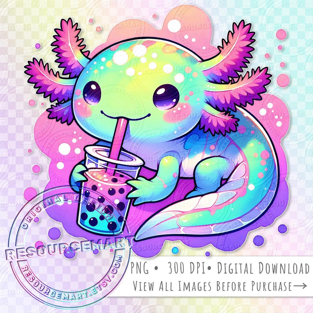 Cute Axolotl Drinking Boba PNG Graphic File, Neon Summer T-shirt Tee ...