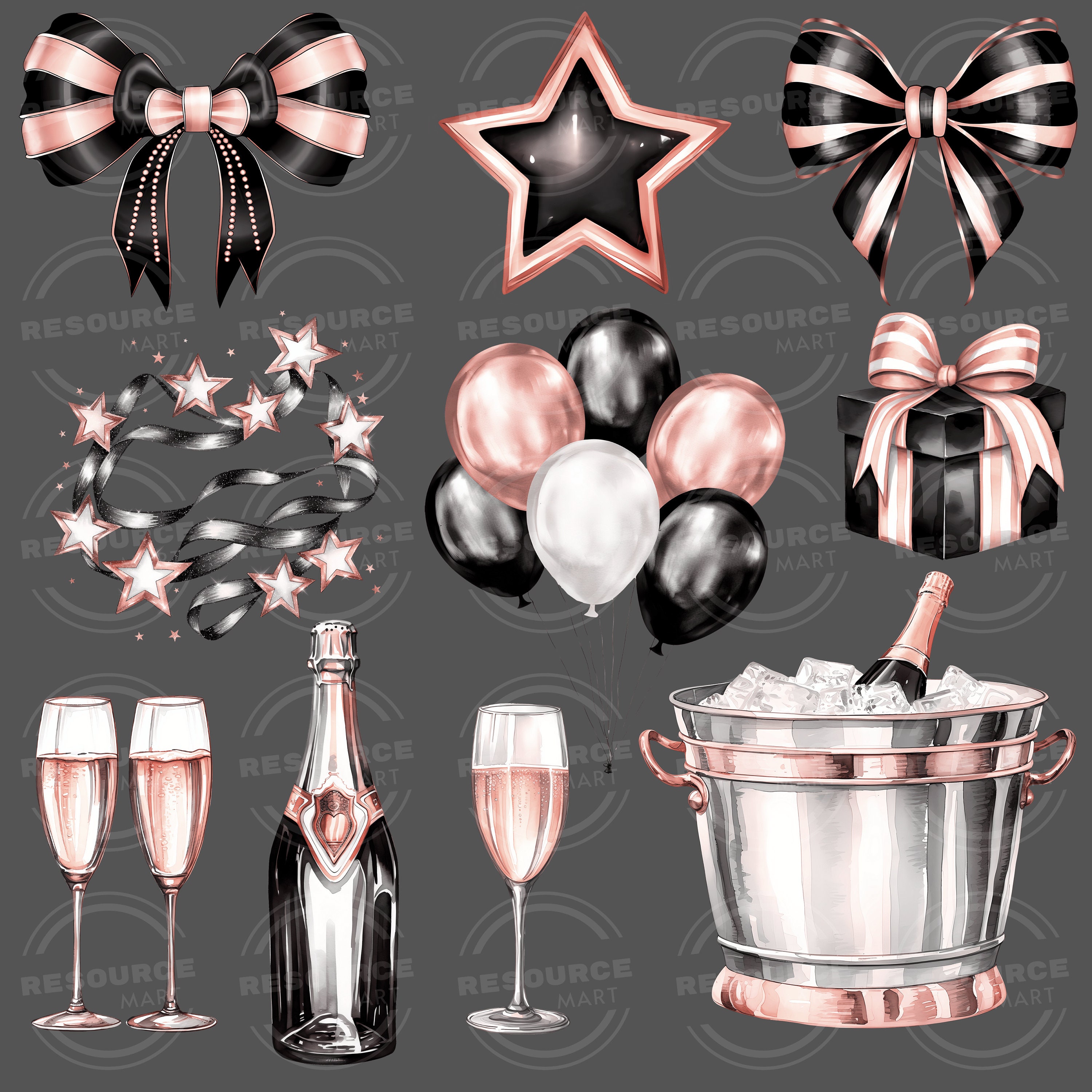 New Year's Eve Clip Art Transparent PNG, Black and Rosegold Glitter ...