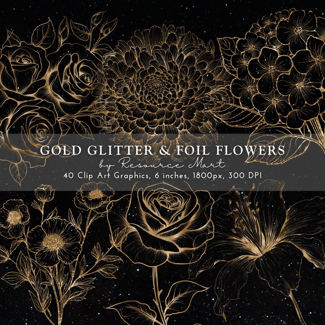 Gold Glitter Flowers Overlay Clipart Set, Chic Gold Metallic Foil Clip ...